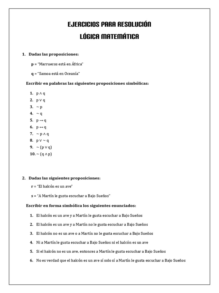 02A Ejercicios Proposiciones y Tablas de Verdad | PDF