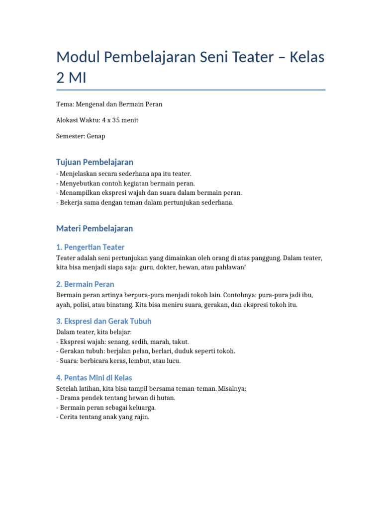 Modul Seni Teater Kelas 2 MI | PDF