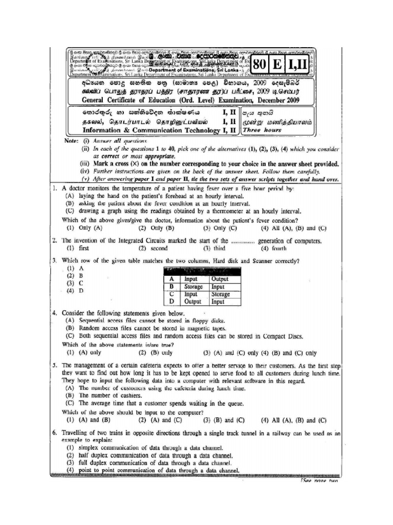 2009 OL ICT Past Paper and Answers English Medium | PDF