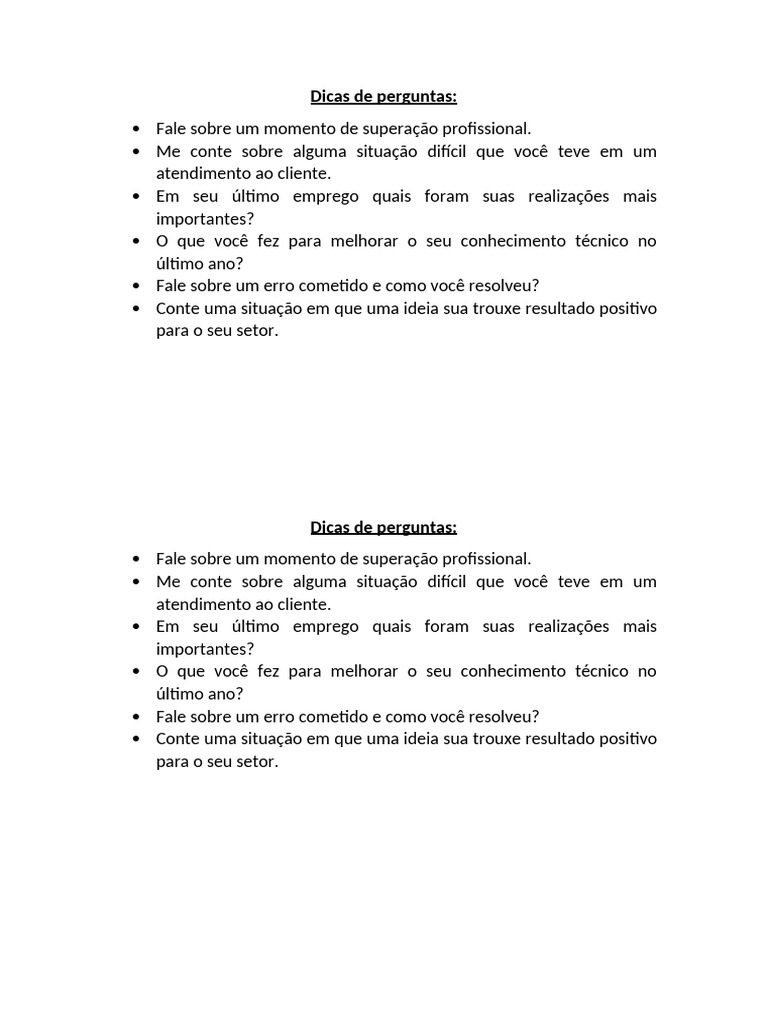 Dicas de Perguntas para Entrevista | PDF
