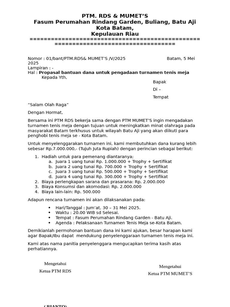 Proposal Turnamen Tenis Meja Batam | PDF