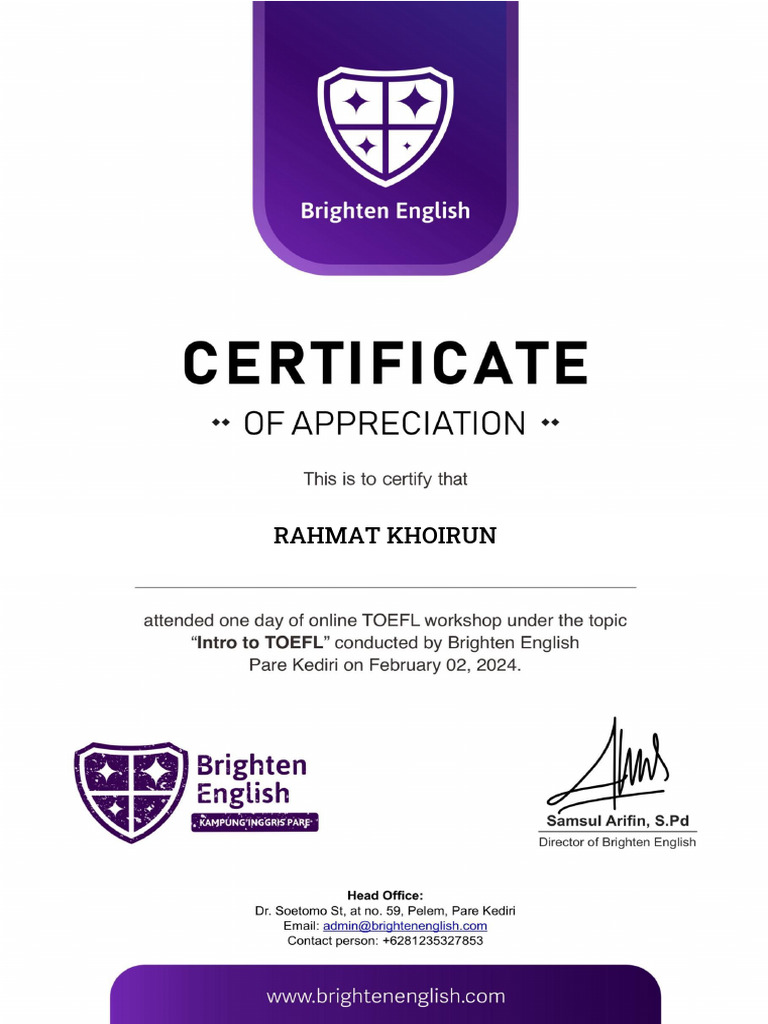 Contoh Sertifikat Seminar TOEFL | PDF