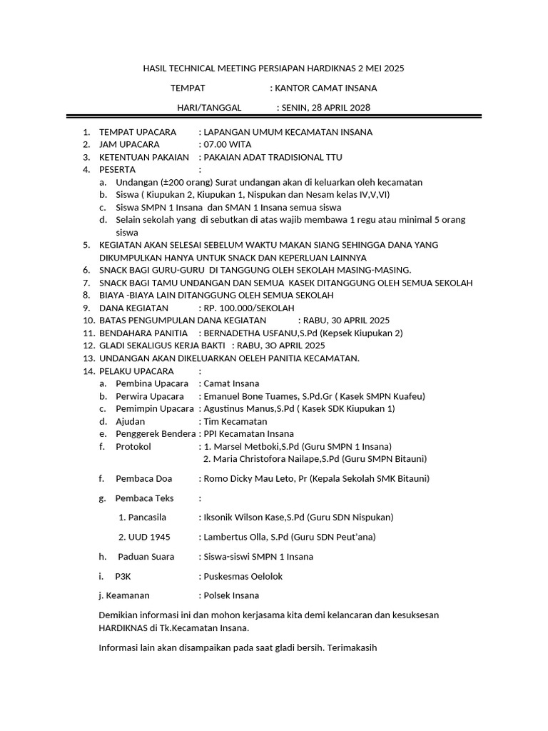 Hasil Technical Meeting Persiapan Hardiknas 2 Mei 2025 | PDF