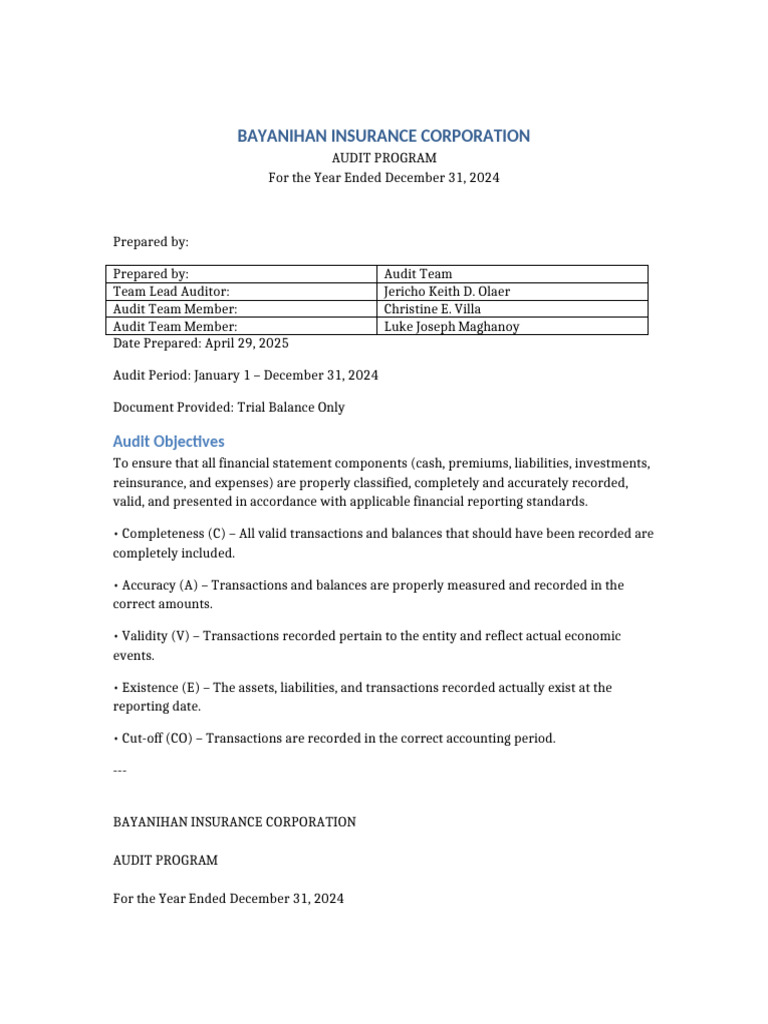 Bayanihan_Insurance_Audit_Program_Scribd_Style | PDF | Audit | Insurance