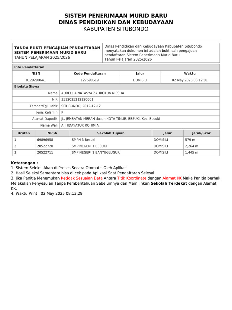 Bukti - Pendaftaran-Aurellia Natasya Zahrotun Niesha | PDF