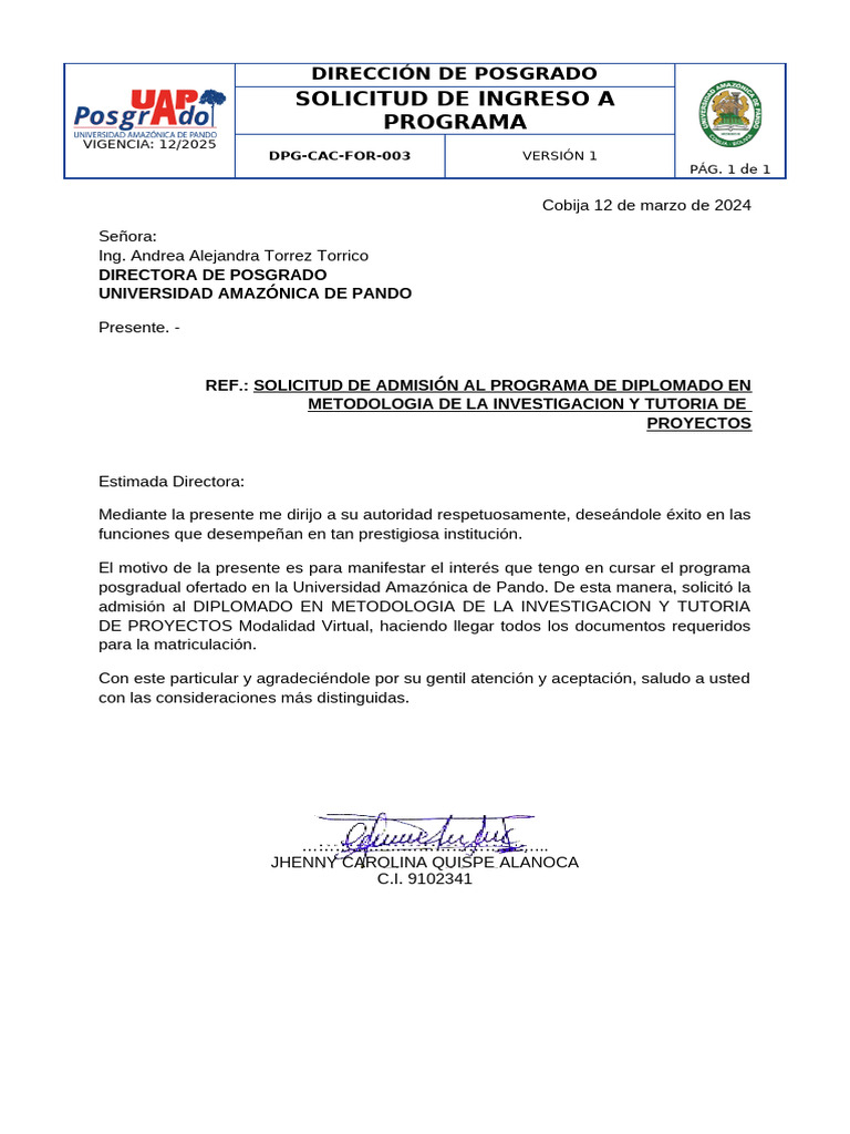 Carta de Solicitud de Admisión Uap | PDF