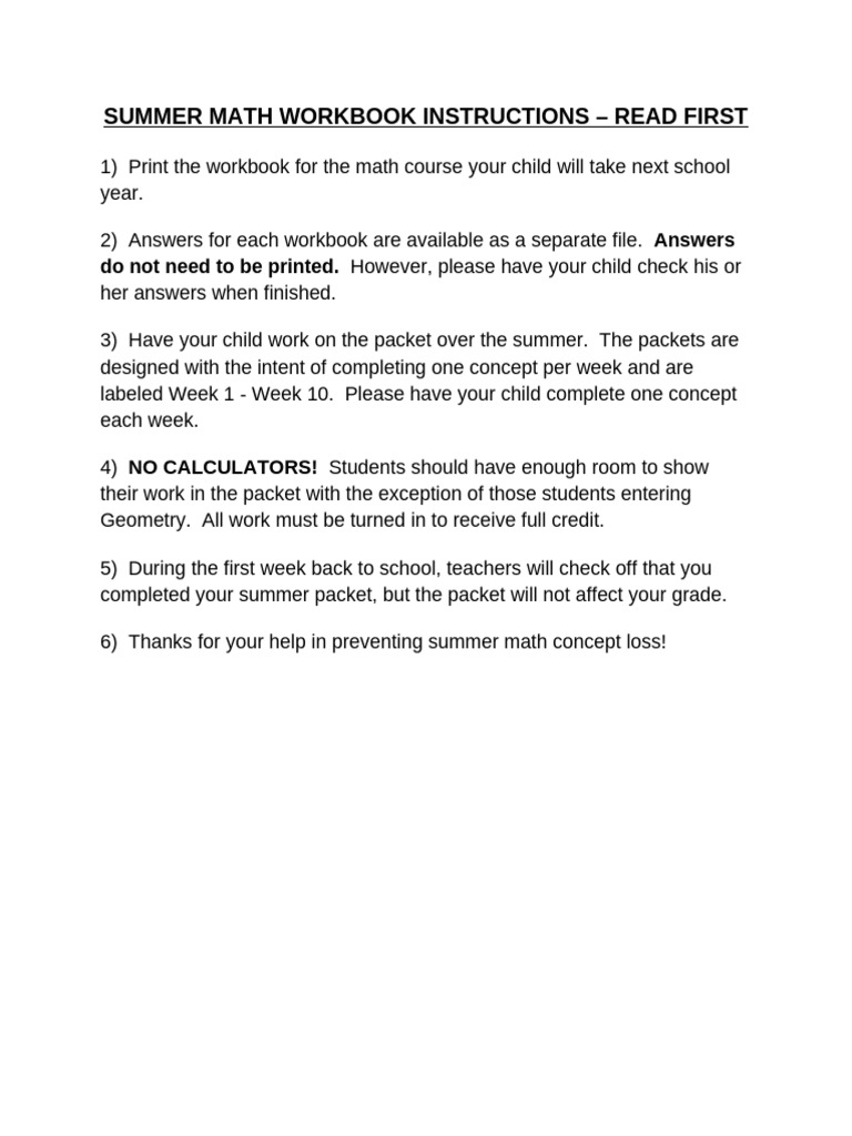1) Read Me First - Summer Workbook Instructions | PDF