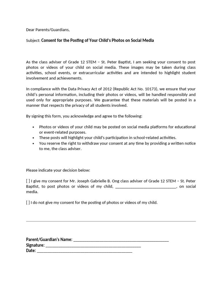 Consent for Posting Child's Photos | PDF