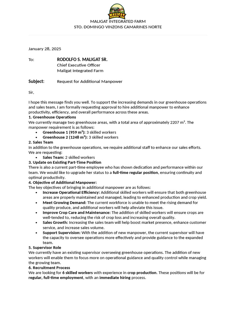 Project Proposal Additional Manpower Maligat Farm | PDF | Human ...
