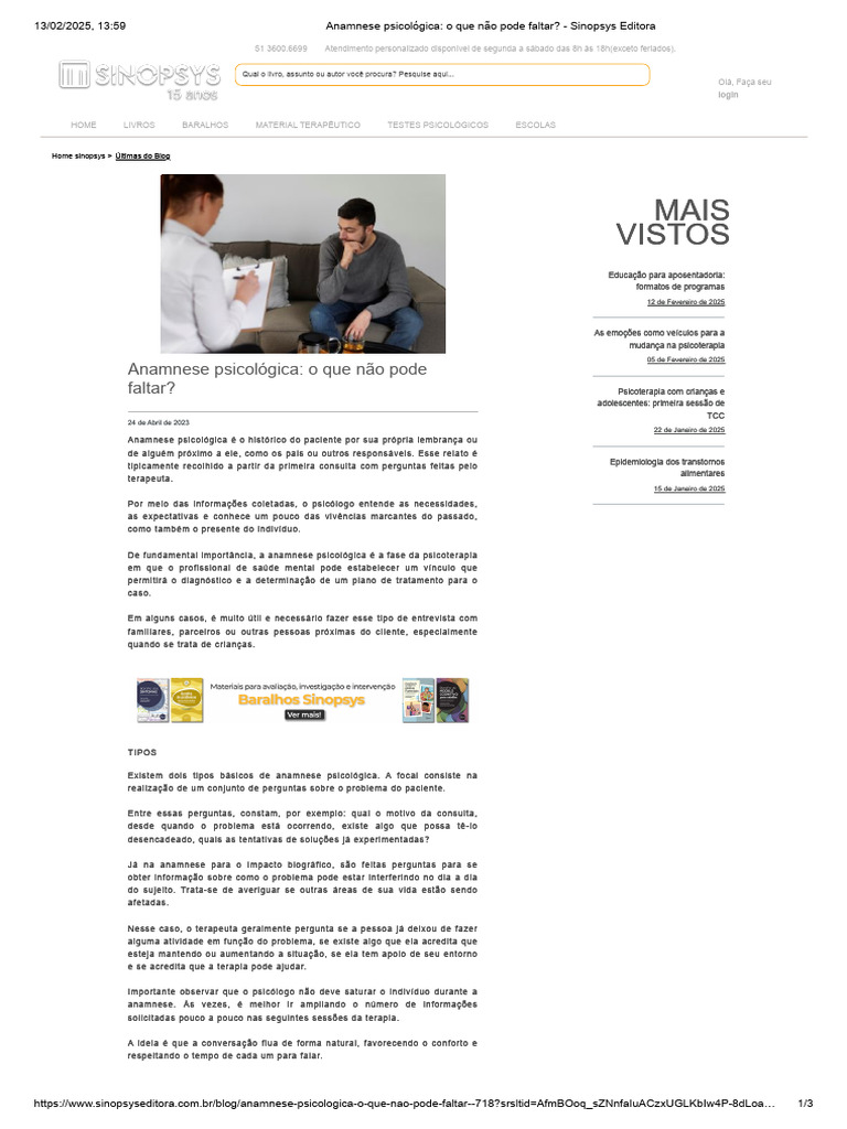 Anamnese Psicológica - o Que Não Pode Faltar - Sinopsys Editora | PDF ...