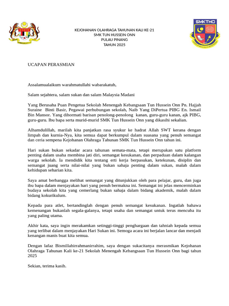 Ucapan Perasmian Hari Sukan Sekolah Menengah Kebangsaan Tun Hussein Onn ...