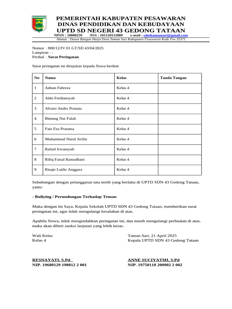Surat Peringatan Siswa Kelas 4 UPTD SDN 43 GEDONG TATAAN | PDF