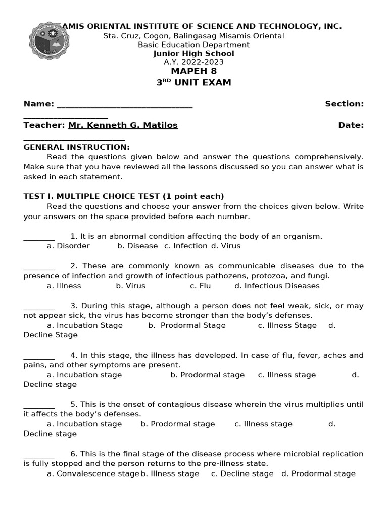 Grade 8 MAPEH 3RD UNIT EXAM | PDF | Diabetes | Stroke