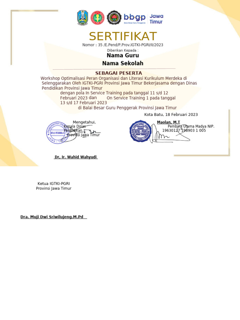 Sertifikat Workshop - Peran Organisasi | PDF