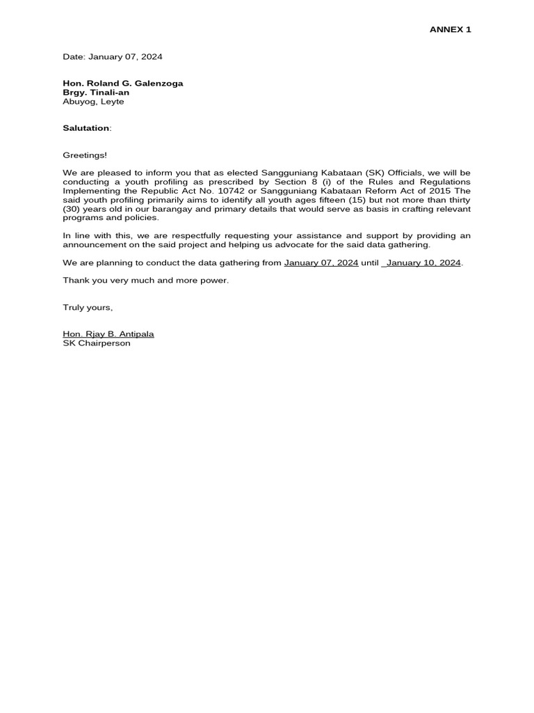 Annex 1 Letter To Punong Barangay | PDF