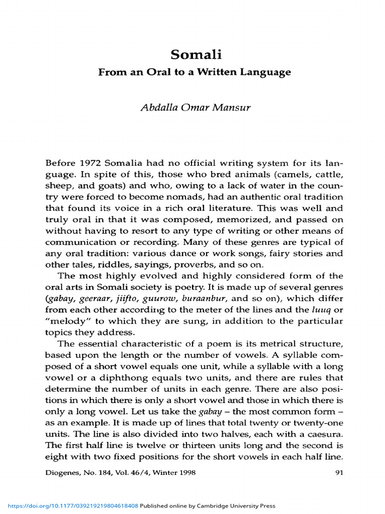 Somali From An Oral To A Written Language | PDF | Metre (Poetry) | Poetry