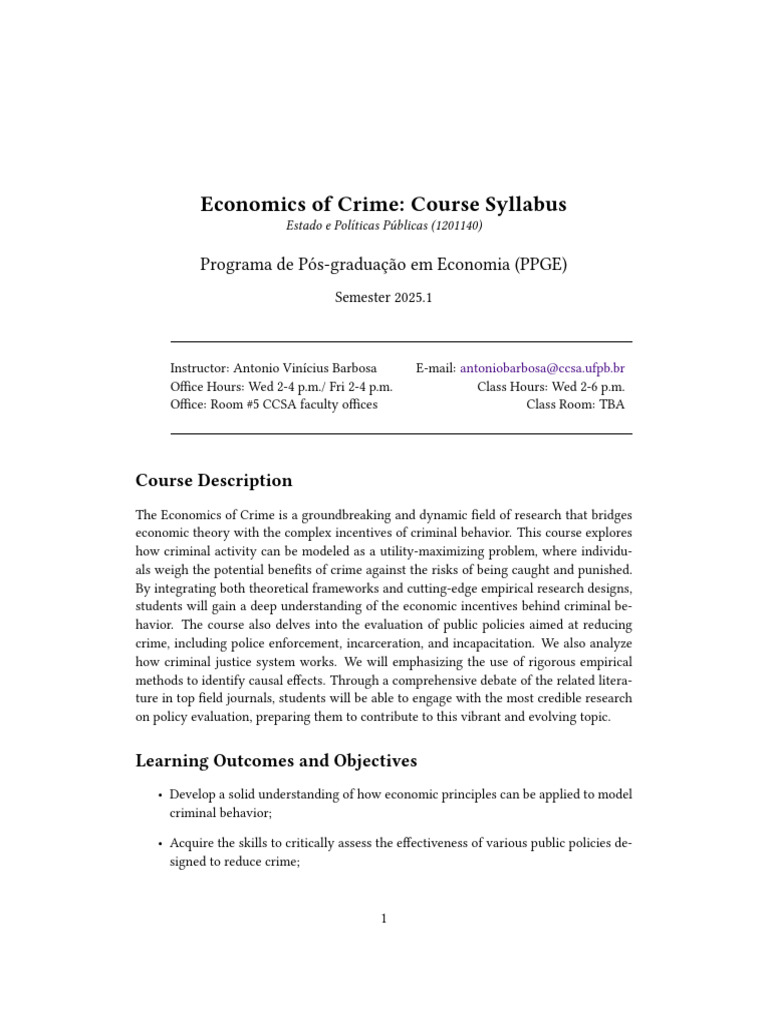 Syllabus Economics Crime | PDF | Crimes | Crime & Violence