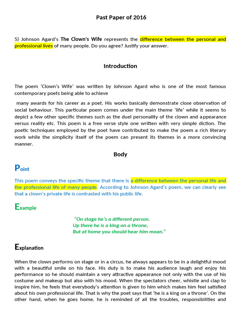 Model Answer For Clown's Wife | PDF | Poetry