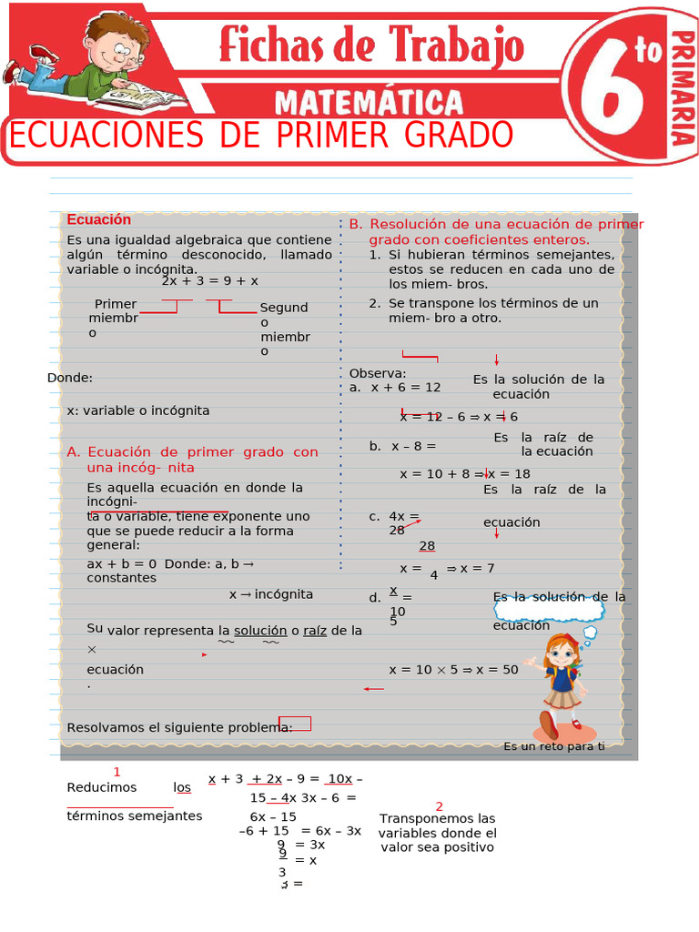 Ecuaciones de Primer Grado Con Una Incognita para Sexto Grado de ...