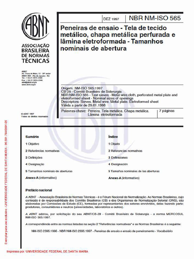 ABNT NBR NM ISO 565 (1997) - Peneiras de Ensaio - Tela de Tecido Metálico, Chapa Metálica ...