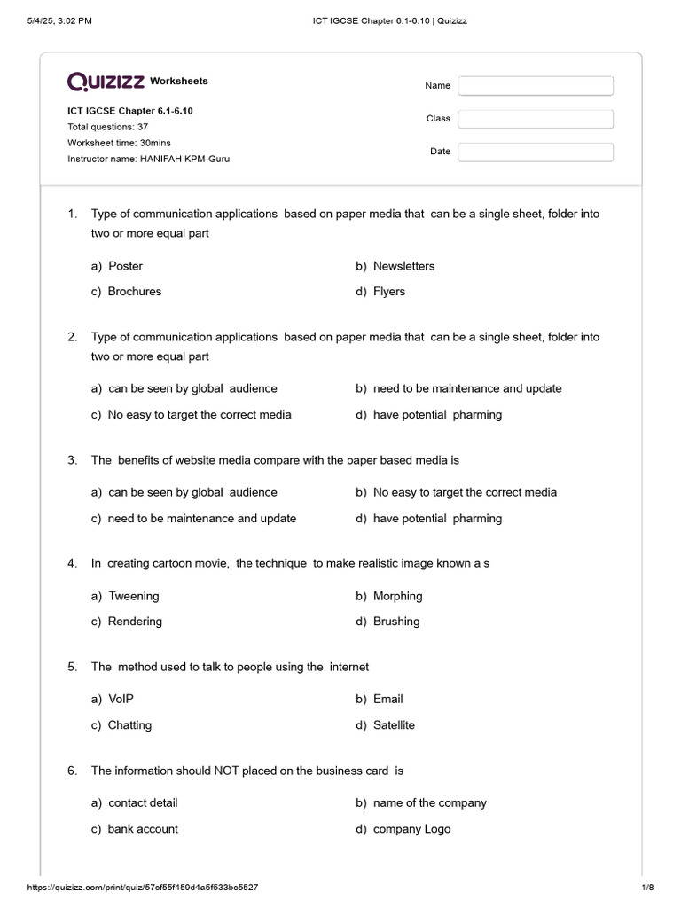 ICT IGCSE Chapter 6.1-6.10 - Quizizz | PDF | Sensor | Automated Teller ...