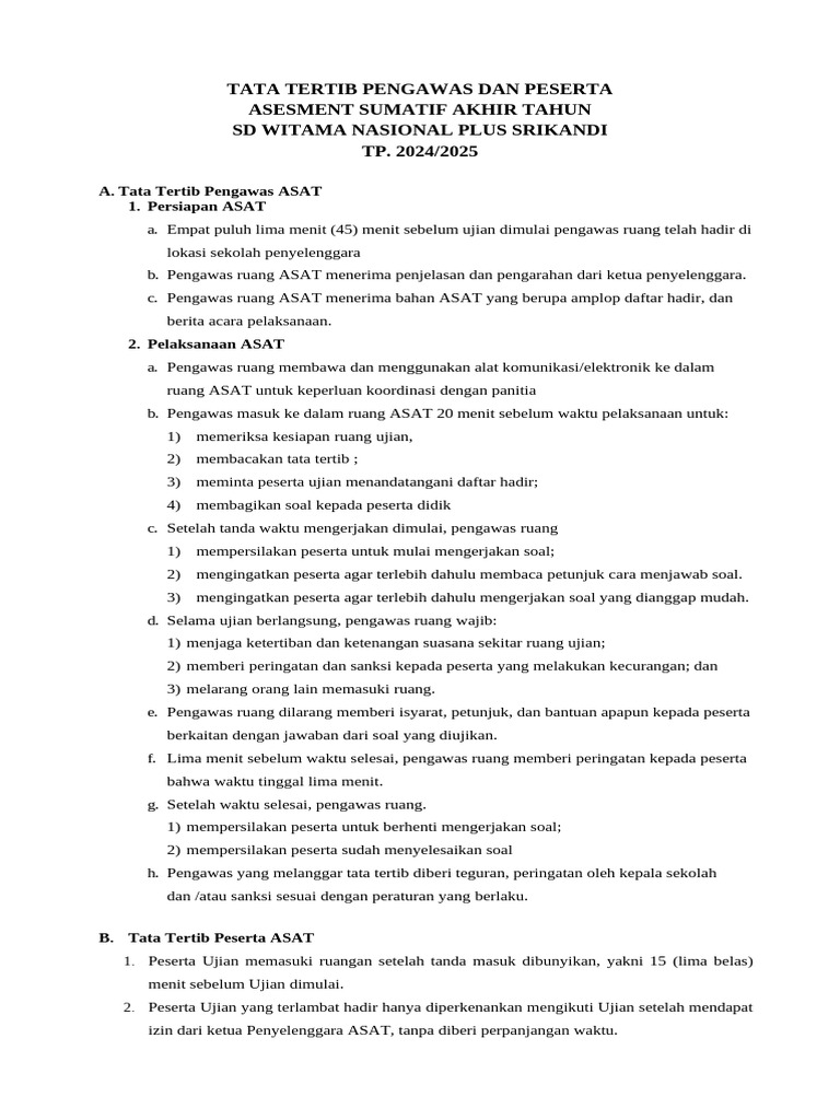 Tata Tertib Pengawas Dan Peserta Ujian Sekolah | PDF