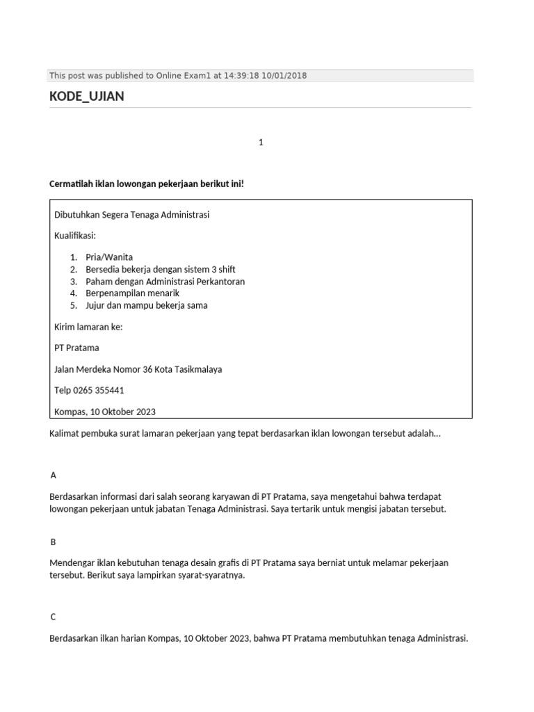 SOAL PSAJ BAHASA INDONESIA KODE A 2025 | PDF