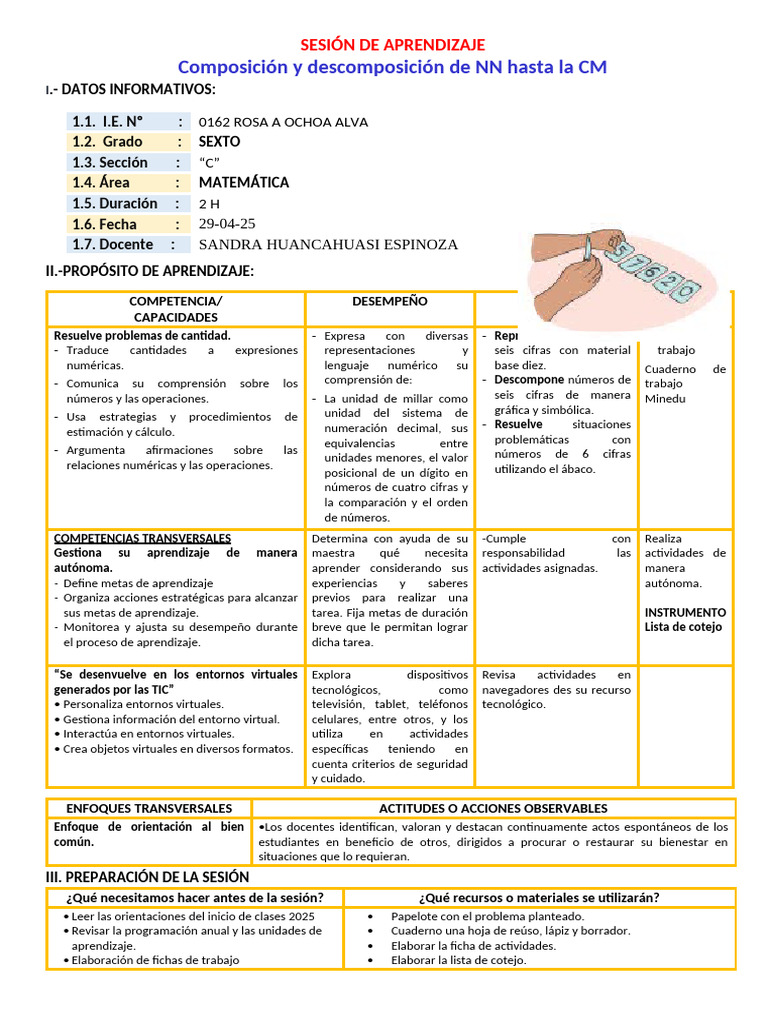 D2 A1 SESION MAT. Composición y Descomposición de NN Hasta La CM SEXTO C | PDF | Aprendizaje ...