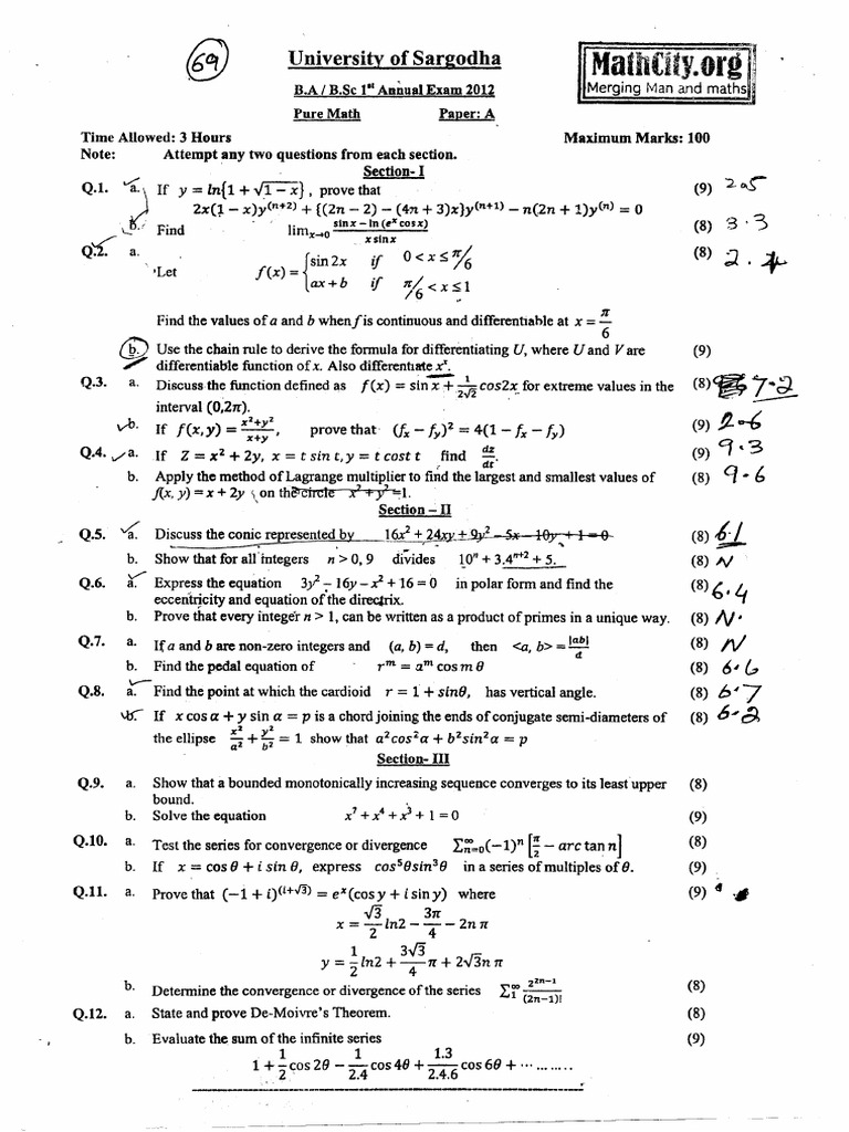 Math Course A Paper A 2012 Uos BSC | PDF | Functions And Mappings ...