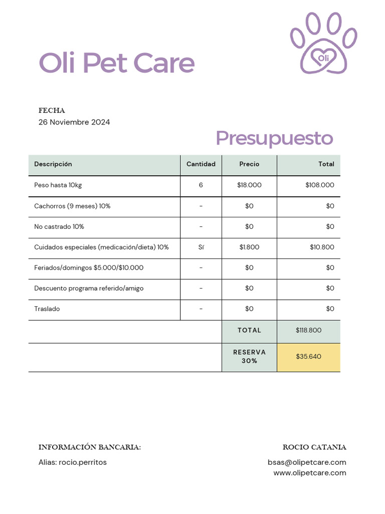 Presupuestofactura - Oli Pet Care - 20241126 - 105344 - 0000 | PDF