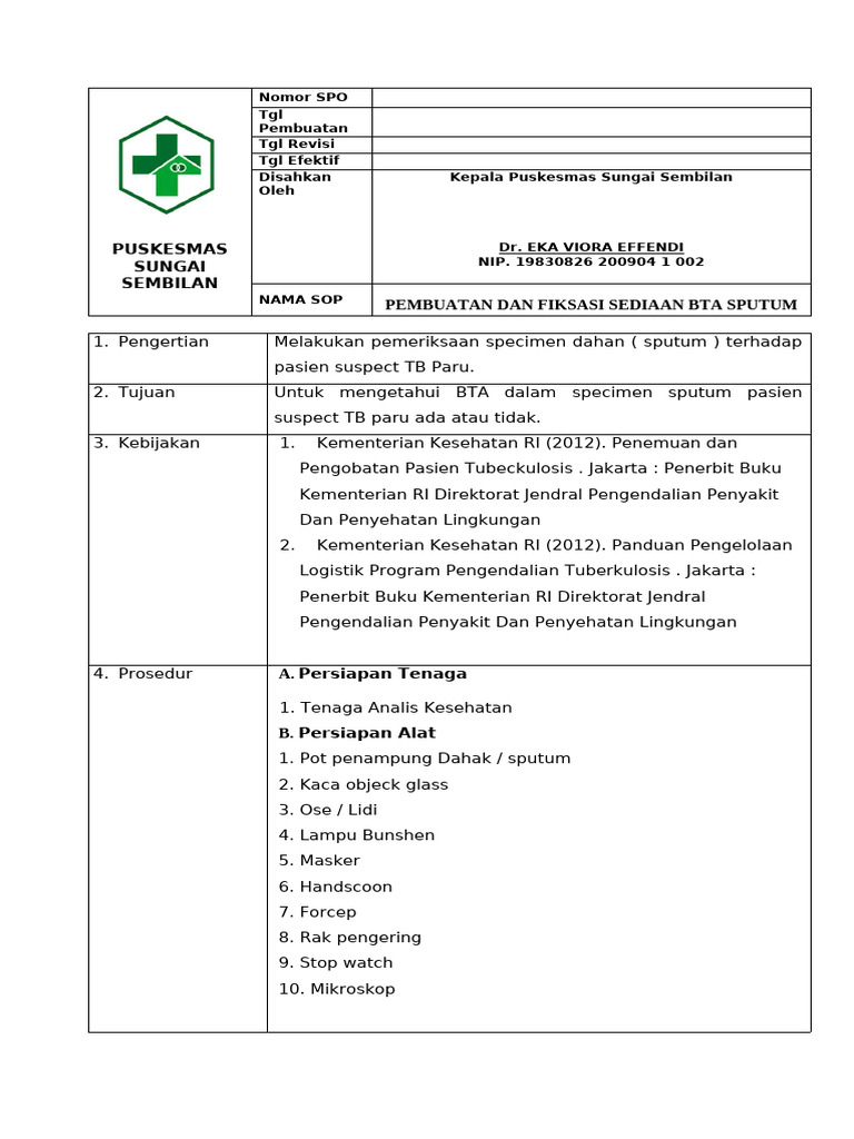 Sop Pembuatan Dan Fiksasi Sediaan Bta Sputum | PDF