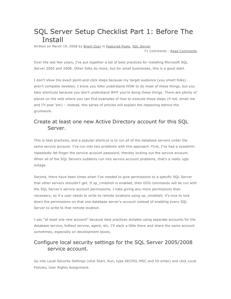 Sql Server Setup Checklist Part 1 Pdf Microsoft Sql Server Email