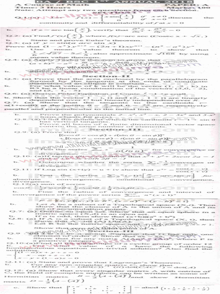 Math Course A Paper A 2018 Uos BSC | PDF
