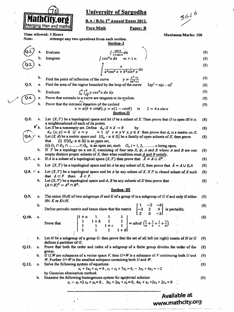 Math Course A Paper A 2012 Uos BSC | PDF | Linear Subspace | Differential Geometry