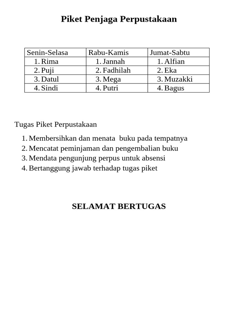 Piket Penjaga Perpustakaan | PDF