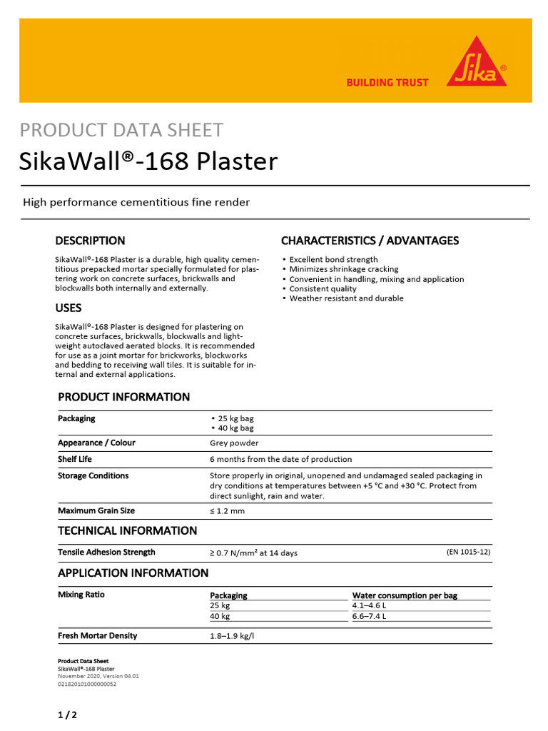 Sikawall - 168 Plaster | PDF | Plaster | Concrete