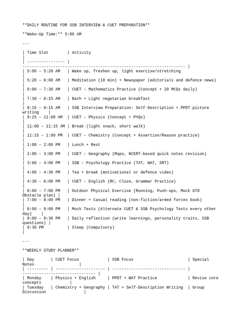 SSB & CUET Daily Preparation Plan | PDF