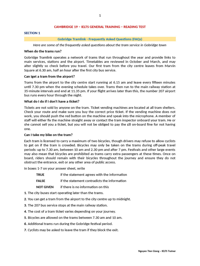 Cambridge 19 – Ielts General Training – Reading Test 1 | PDF ...