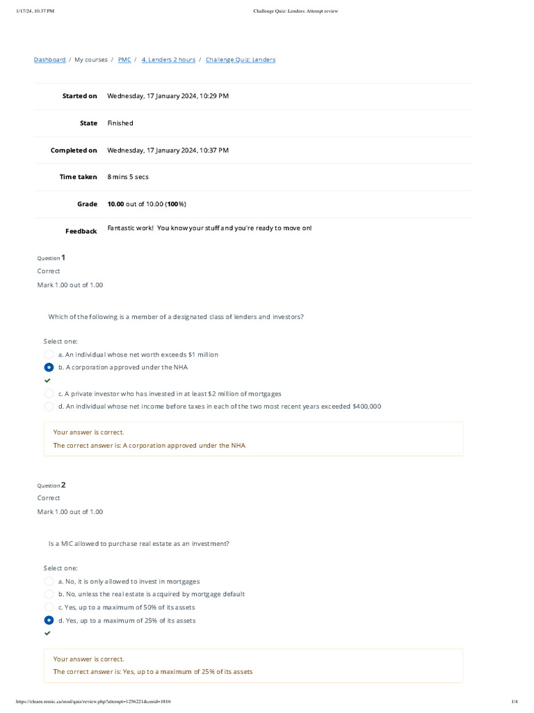 Challenge Quiz - Lenders - Attempt Review | PDF | Mortgages | Mortgage ...