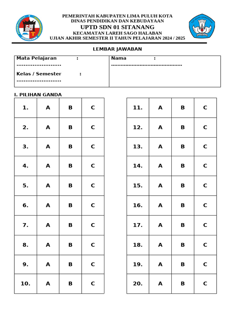 Lembar Jawaban Kelas 1 Bam Mid SMT 2 | PDF
