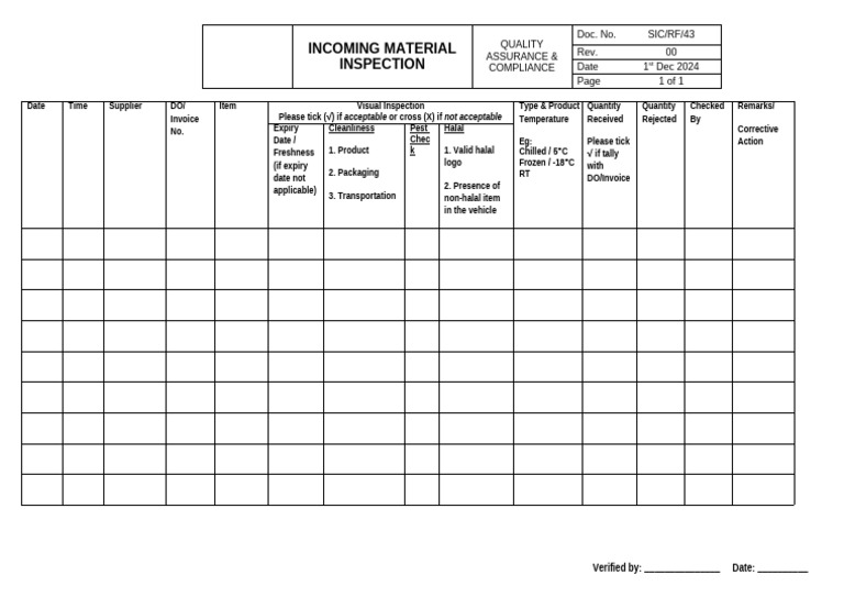 RF - 43 - INCOMING MATERIAL INSPECTION REPORTi | PDF