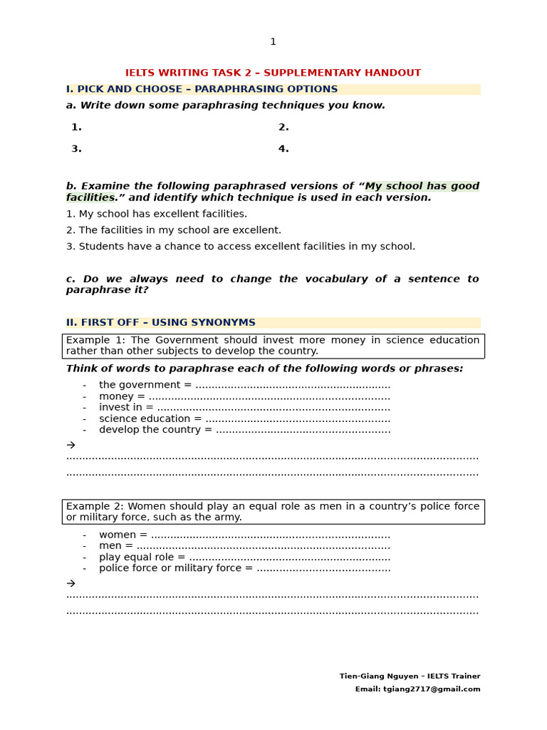 Ielts Writing Task 2 - Supplementary Handout - Paraphrasing | PDF