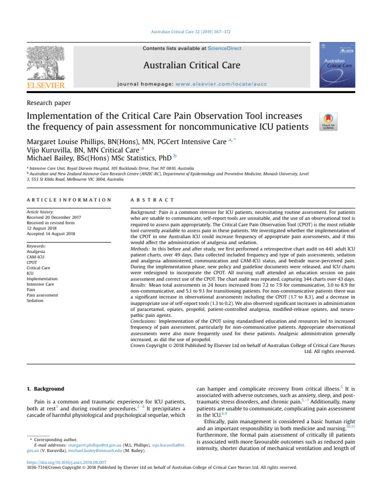 Implementation of The Critical Care Pain Observation Tool Increases ...
