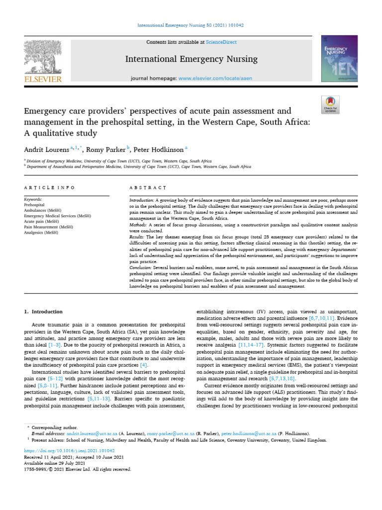 Emergency Care Providers' Perspectives of Acute Pain Assessment and ...
