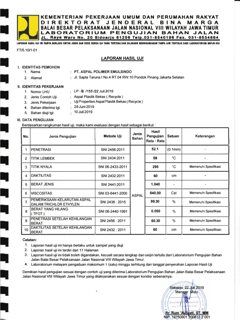 PT. APE - Hasil Uji - Aspal Plastik-LP-B155-2272019 (Sample 2) | PDF