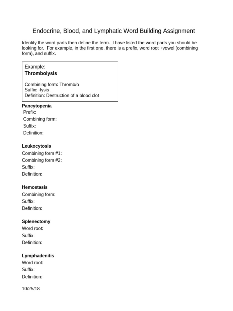 Endocrine, Blood, Lymph Word Building Assignment 20(2) | PDF