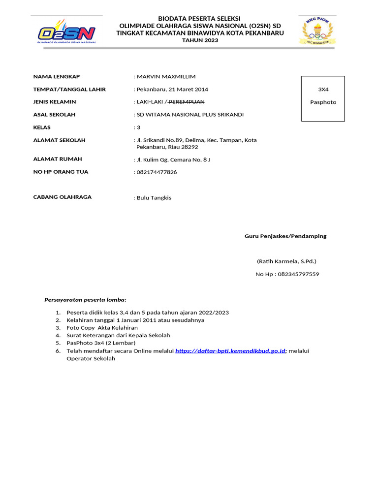 Formulir Peserta Seleksi O2sn Tingkat SD Kec. Binawidya | PDF
