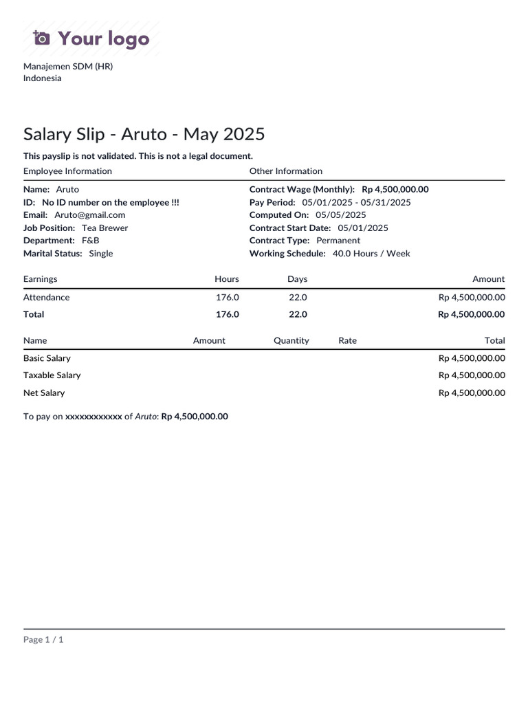 Payslip - Salary Slip - Aruto - May 2025 | PDF