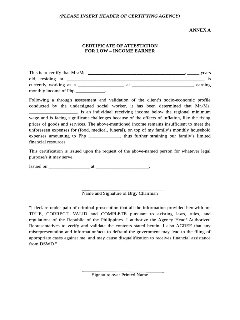 Certificate of Attestation for Low Income | PDF