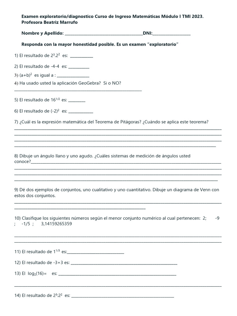 Examen Diagnóstico Matemáticas TMI 2023 | PDF | Álgebra | Matemáticas